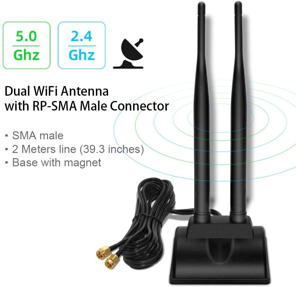 Buy Moveable Dual WiFi Antenna with RP-SMA Male Connector, 2.4GHz